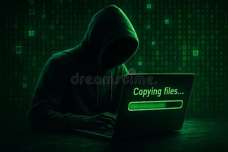 Cybercrime Scene with Hooded Figure Transferring Data Amid Binary Code ...