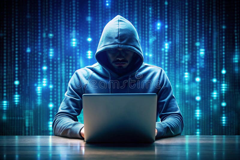 Cybercriminal Wearing a Hood, Illuminated by Glowing Blue Binary Code ...