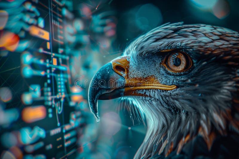 A Cybernetic American Eagle Carefully Operates the Controls on a High ...