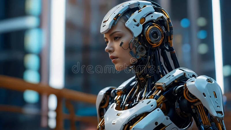 Female Robot Portrait. Cyber Girl Looks into the Distance Stock ...