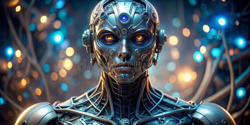 Cybernetic Being a Digital Portrait with a Bokeh Background of Blue and ...