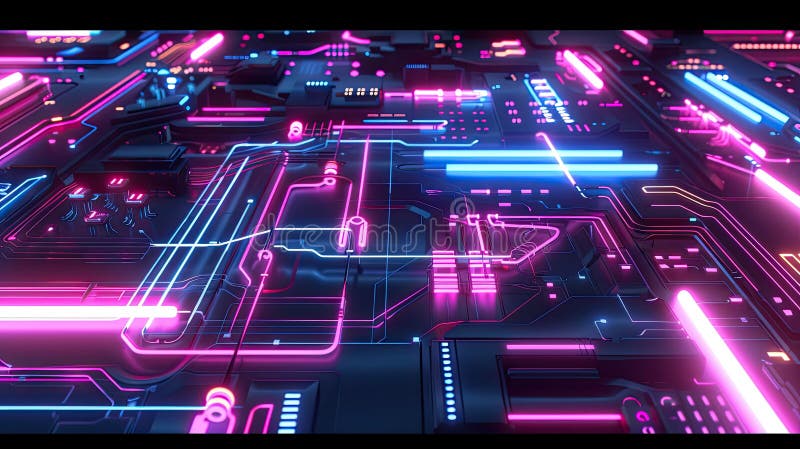 Computer Circuit Board with Neon Lights, Ideal for Technology Concepts ...