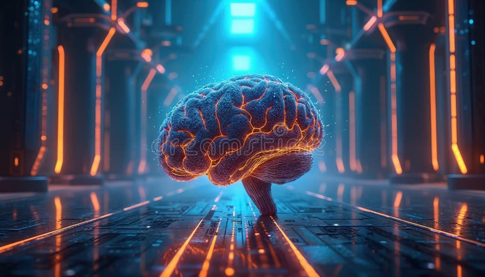 Cybernetic Brain with AI in Futuristic Tech Scene. Glowing Digital Brain Artificial Intelligence ...