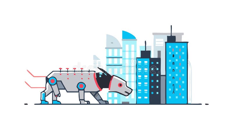 Cybernetic Creature Exploring Cityscape. Urban AI Integration. Vector ...
