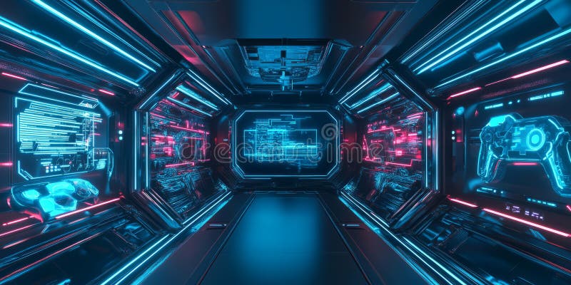 A Cybernetic 3D Background of a Neon-blue VR Gaming Room, with Floating ...