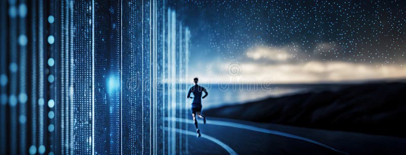 Cybernetic Dawn: Runner with Bionic Leg on Coastal Path with Digital ...