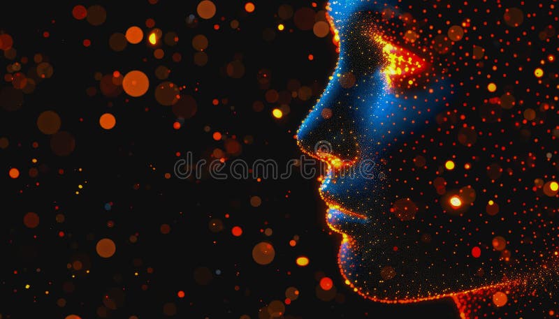 Cybernetic Digital Face with Neon Blue and Red Lights, Data Streams ...