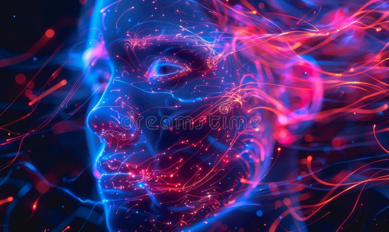 Cybernetic Digital Face with Neon Blue and Red Lights, Data Streams ...