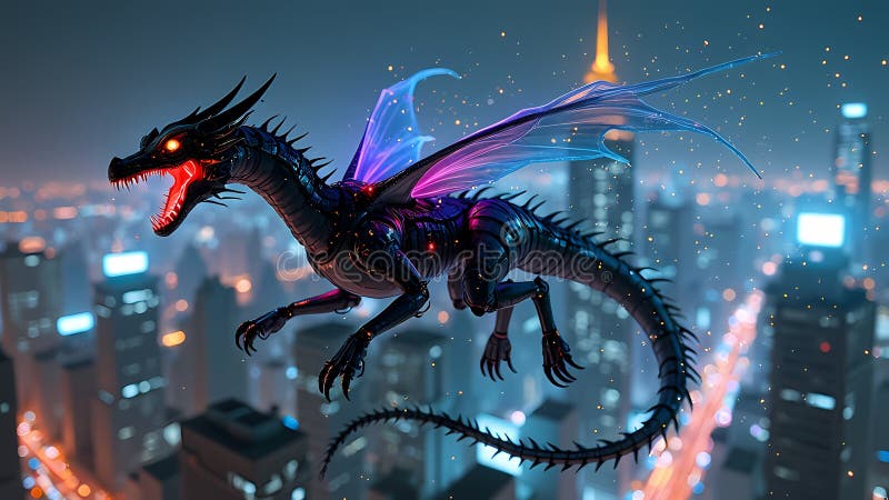 Cybernetic Dragon Flying through Neon Cityscape Stock Illustration ...