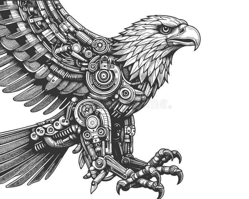 Cybernetic Eagle Head Engraving Raster Stock Image - Image of robotic ...