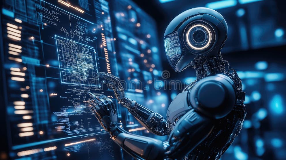 Futuristic Humanoid Robot Analyzing Digital Schematics on High-tech ...