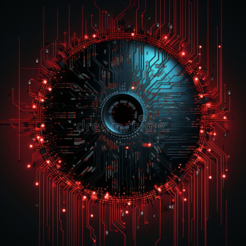 Cybernetic Eye on Black Background with Red Lights Stock Illustration ...