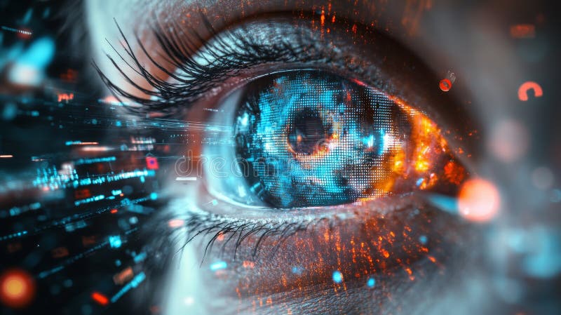 Cybernetic Eye with Glowing Blue and Orange Digital Interface Stock ...