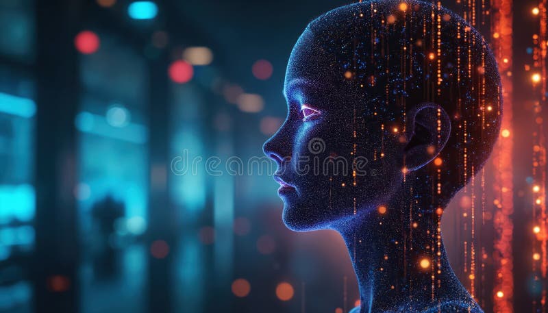 Cybernetic Face Silhouette with Flowing Data and Light Symbolizes Tech ...
