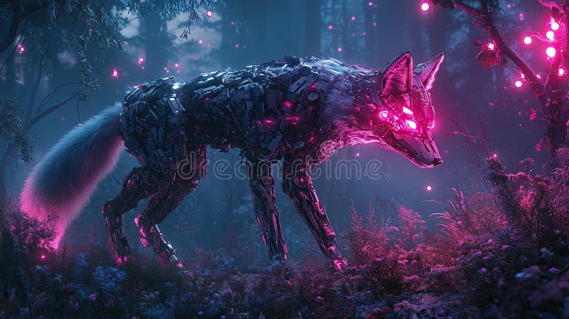 Cybernetic Fox with Glowing Eyes in Enchanted Forest at Night Stock ...