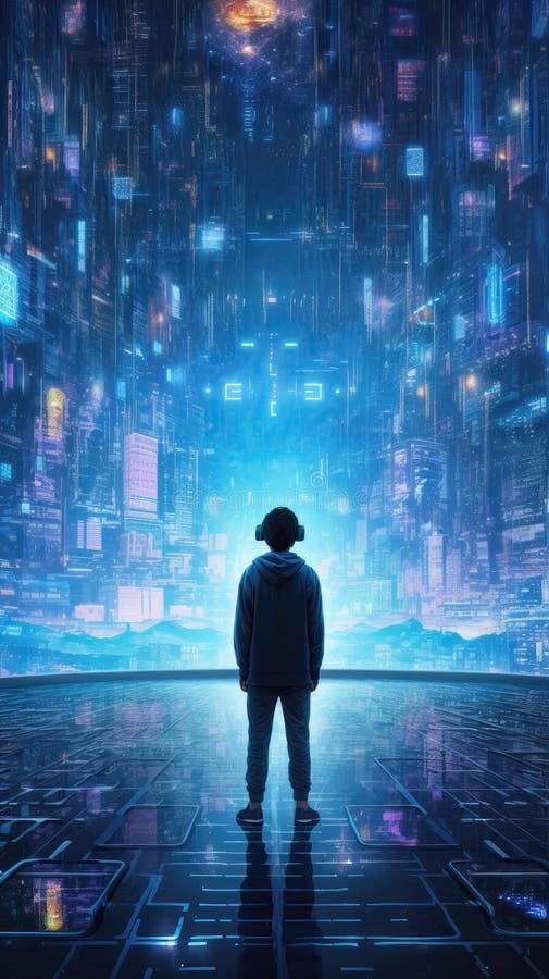 The Cybernetic Hacker is Shown Out in Front of a Virtual Reality ...