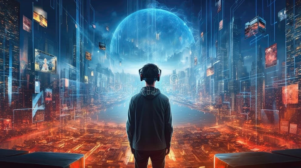 The Cybernetic Hacker is Shown Out in Front of a Virtual Reality ...