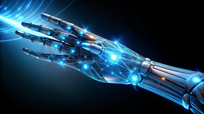 Cybernetic Hand 3D Render, Blue Network, Digital Touch Stock ...