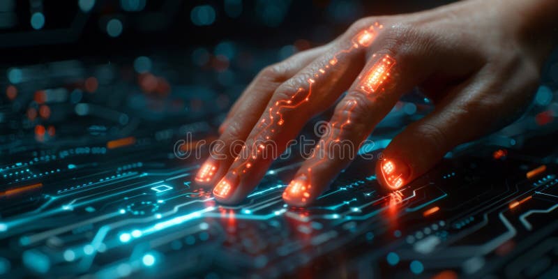 Cybernetic Hand with Glowing Interacting with a Futuristic Digital ...