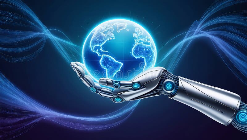 Cybernetic Hand Interacting with a Digital Globe, Representing the ...