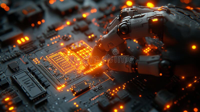 Cybernetic Hand Interacting with a Glowing Circuit Board - Generative ...