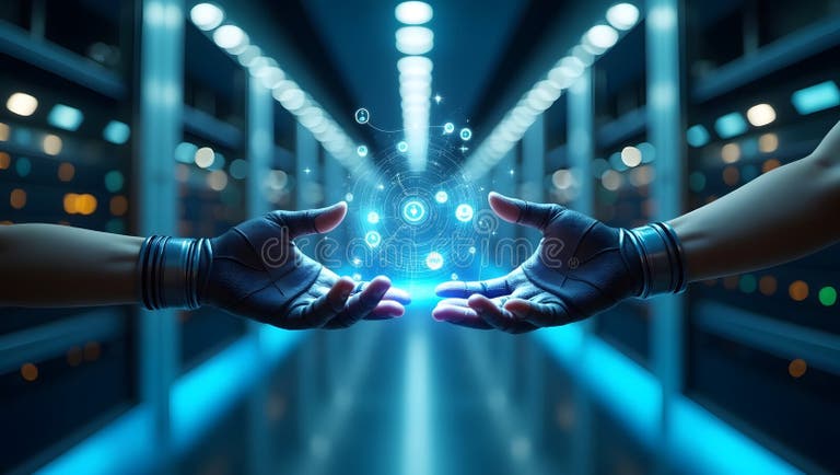 A Cybernetic Hand Presenting a Glowing Digital Network with ...