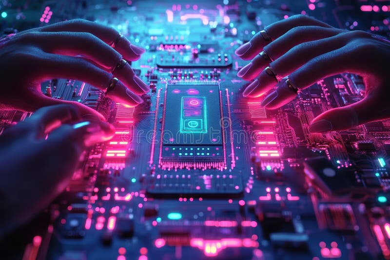 Cybernetic Hands Interacting with Neon Circuit Board Technology Stock ...