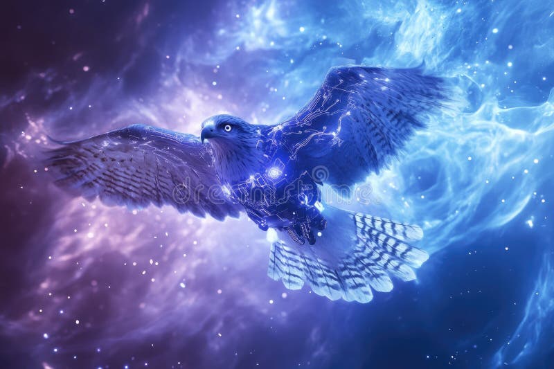 A Cybernetic Hawk Diving through a Storm of Cosmic Radiation Stock ...