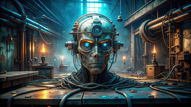 A Cybernetic Head with Glowing Eyes Rests on a Metallic Surface within ...