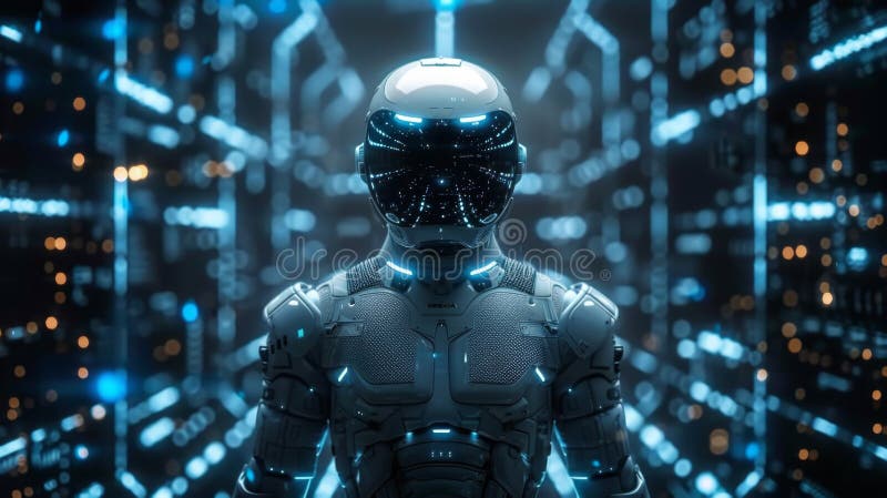 Cybernetic Humanoid Stands in a High-tech Environment Filled with Blue ...