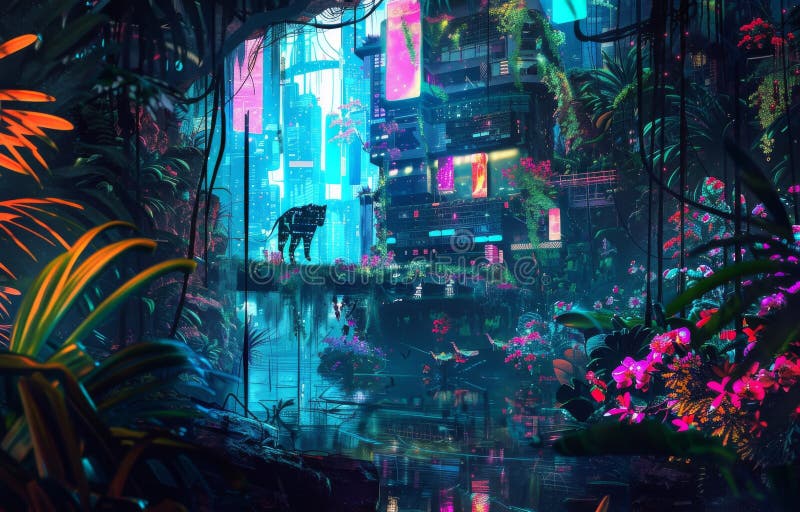 A Cybernetic Jungle with Robotic Animals and Fluorescent Plants Stock ...