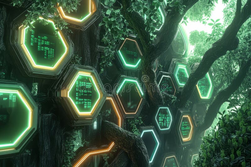 A Cybernetic Jungle Where Hexagonal Tree Trunks Glow with Embedded Neon ...