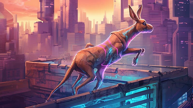 A Cybernetic Kangaroo Jumping Across Rooftops Stock Illustration ...