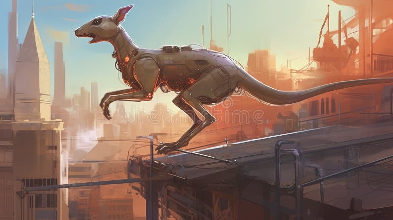 A Cybernetic Kangaroo Jumping Across Rooftops Stock Illustration ...