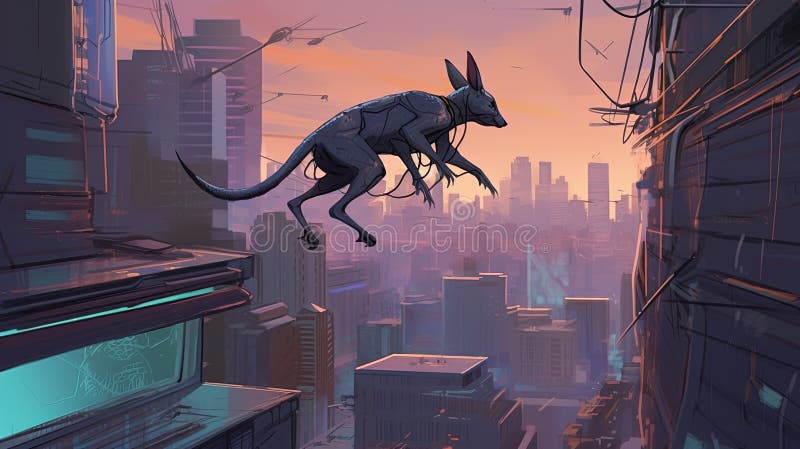 A Cybernetic Kangaroo Jumping Across Rooftops Stock Illustration ...
