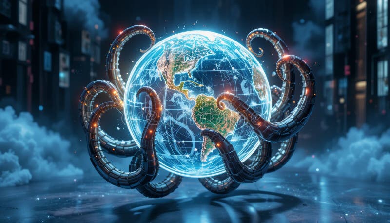 Cybernetic Octopus Wrapping Around Glowing Earth Stock Image - Image of ...