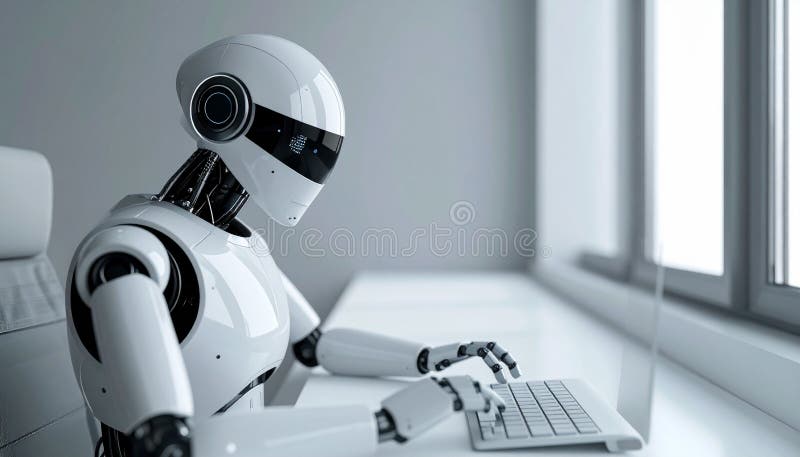 Cybernetic Office Assistant Performing Task on Laptop in High-Tech Workplace Stock Illustration ...
