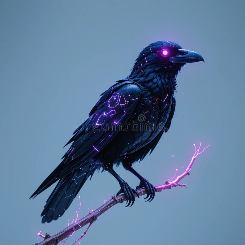 A Cybernetic Raven with LED-like Glowing Feathers, Perched on a ...