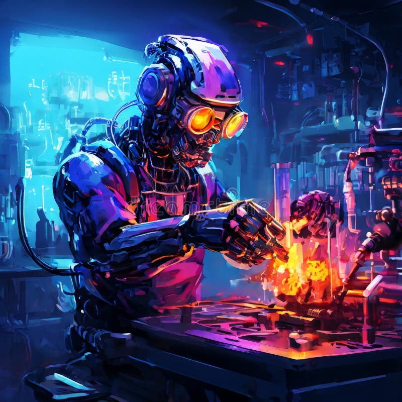 Cybernetic Engineer Robot Working in a Futuristic Lab Stock Photo ...