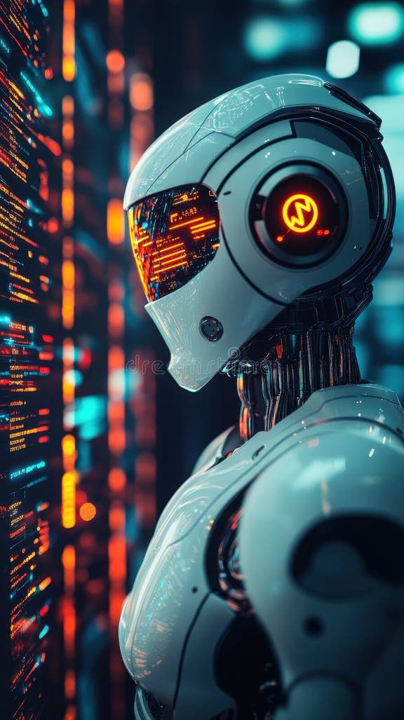 Cybernetic Robot Examining Glowing Digital Code Panels Stock Photo ...