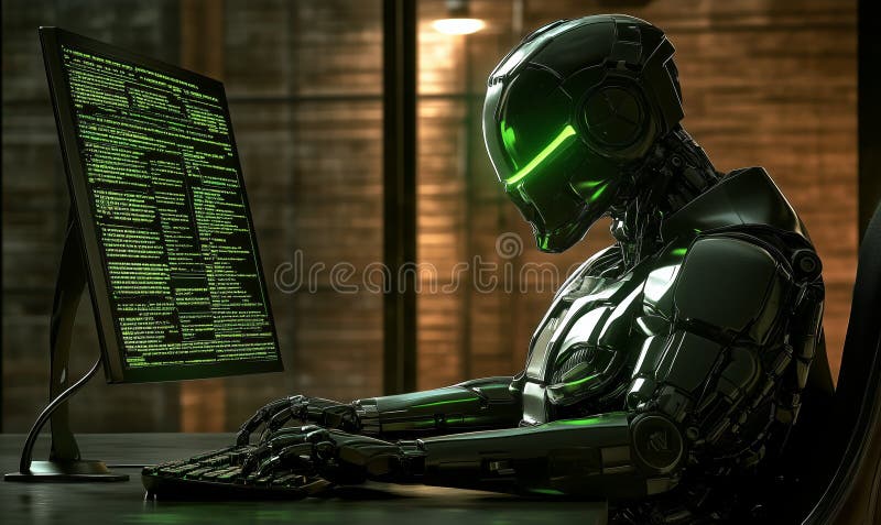 Cybernetic Robot Typing on a Computer in a Dark Room with Green Lights ...