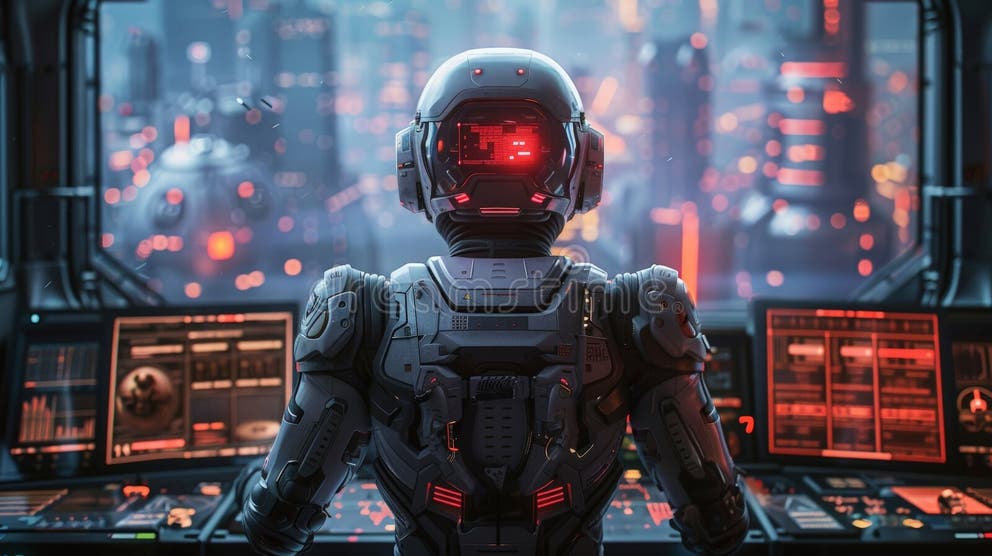 A Cybernetic Robot Working on a Computer Screen Inside a Military ...