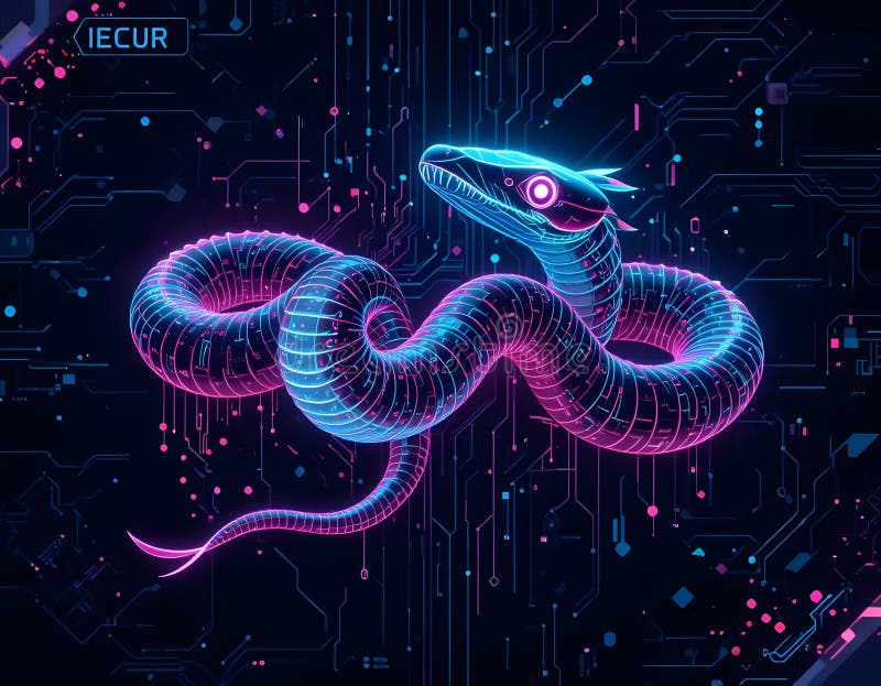 Cybernetic Serpent: a Neon Digital Snake on a Circuit Board Background ...