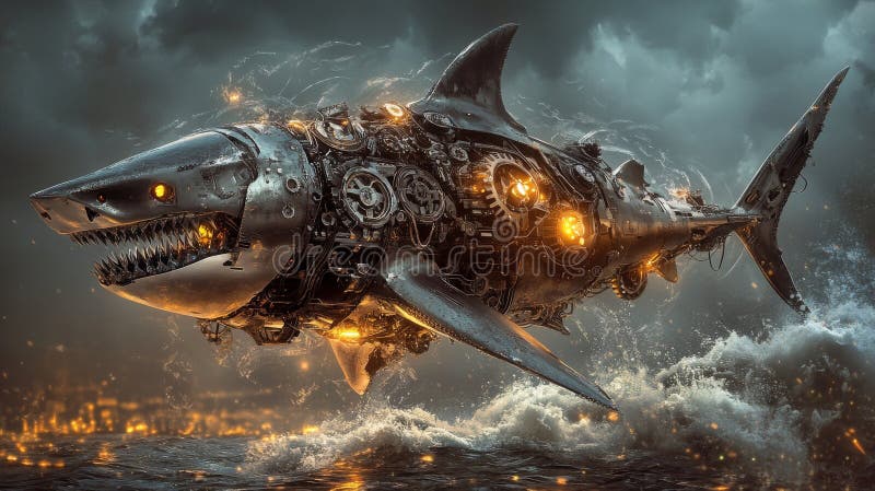 Cybernetic Shark with Glowing Elements in a Stormy Sea Stock Image ...