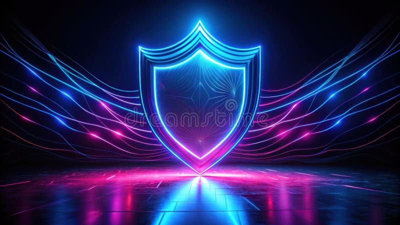 Cybernetic Shield Neon Glowing Emblem of Digital Protection and ...