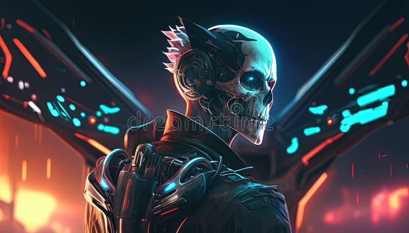 Cybernetic Skull Pilot, Digital Art Illustration, Generative AI Stock ...