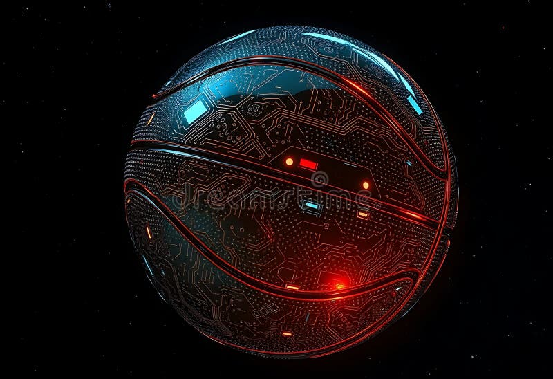 Cybernetic Sphere Glowing Circuits Red Blue Dark Space Background Stock ...