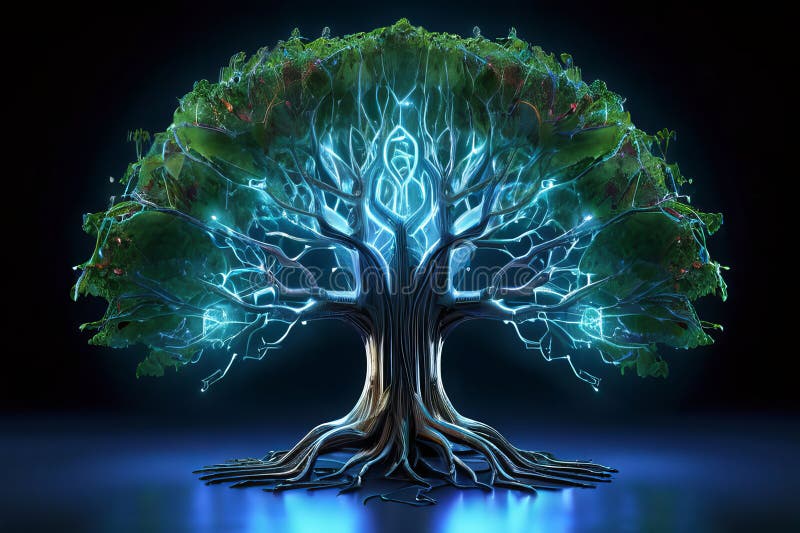 Cybernetic Tree a Tree with Metallic Branches and Glowing Leaves Stock ...