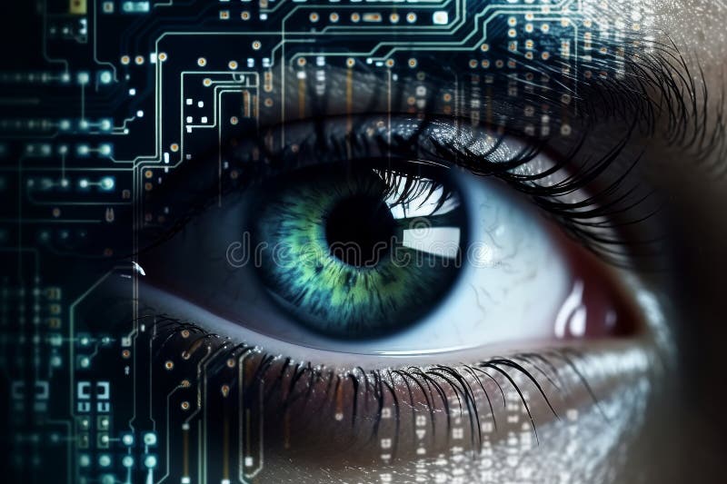 Cybernetic Vision Hacker or Ai Robot Eye in Dark Tech Environment on ...