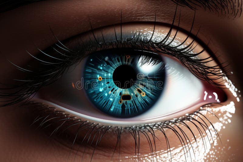 Cybernetic Vision Hacker or Ai Robot Eye in Dark Tech Space, Close Up ...